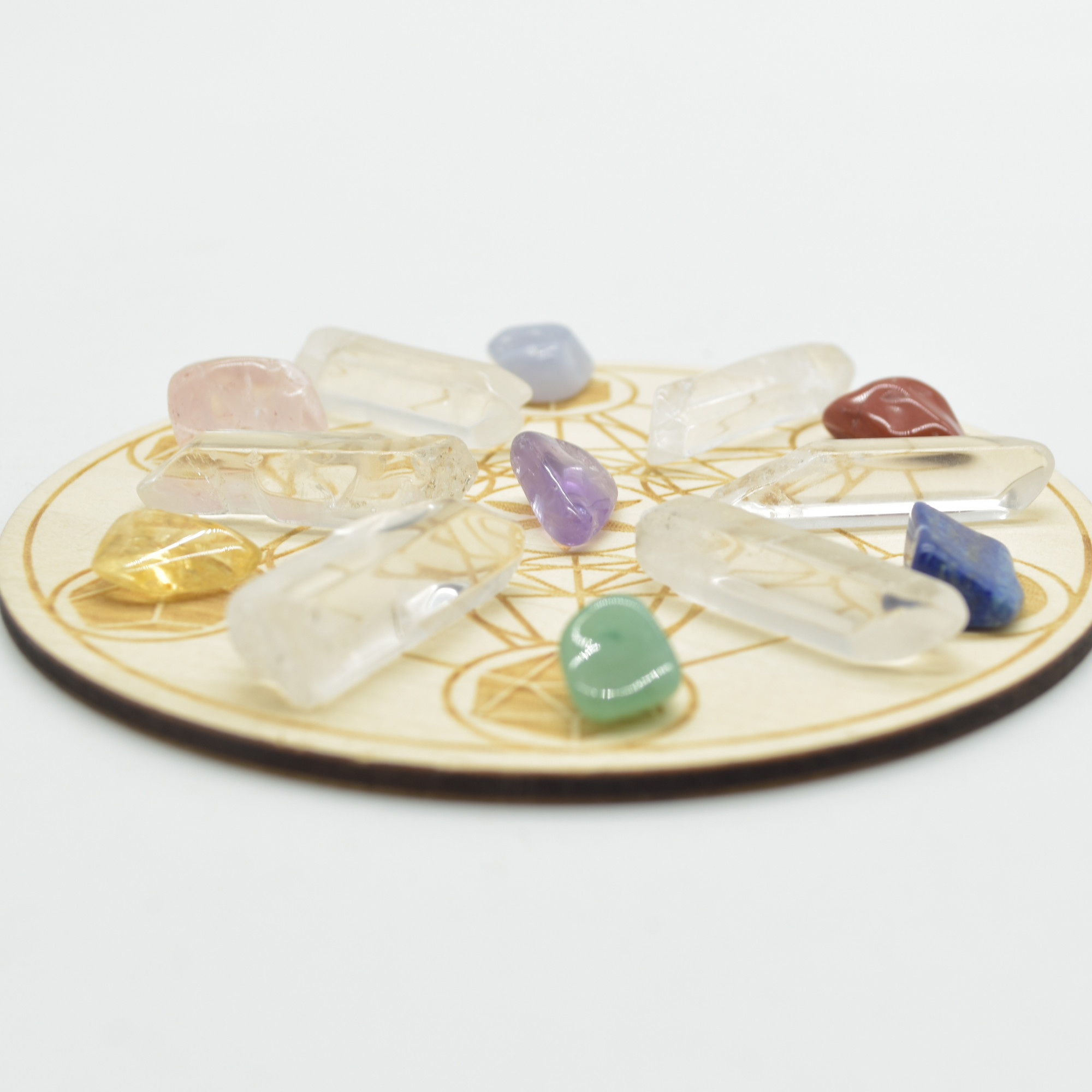 7 Chakra Crystal Healing Reiki Stones and Metatron Wooden Grid Set ...
